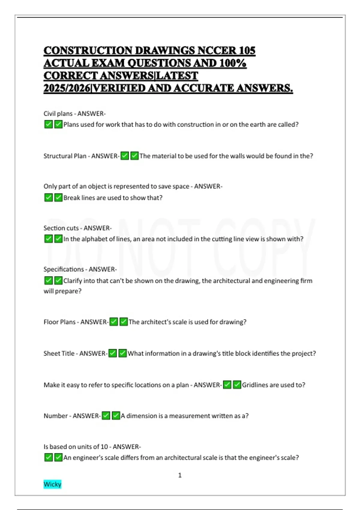 CONSTRUCTION DRAWINGS NCCER 105 ACTUAL EXAM QUESTIONS AND 100% CORRECT ...