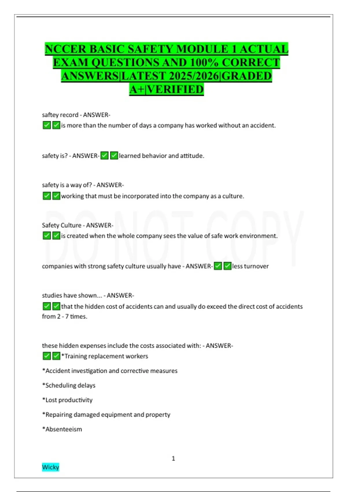 NCCER BASIC SAFETY MODULE 1 ACTUAL EXAM QUESTIONS AND 100% CORRECT ...
