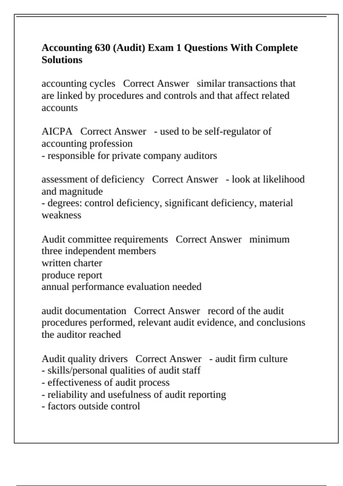Accounting 630 (Audit) Exam 1 Questions With Complete Solutions ...