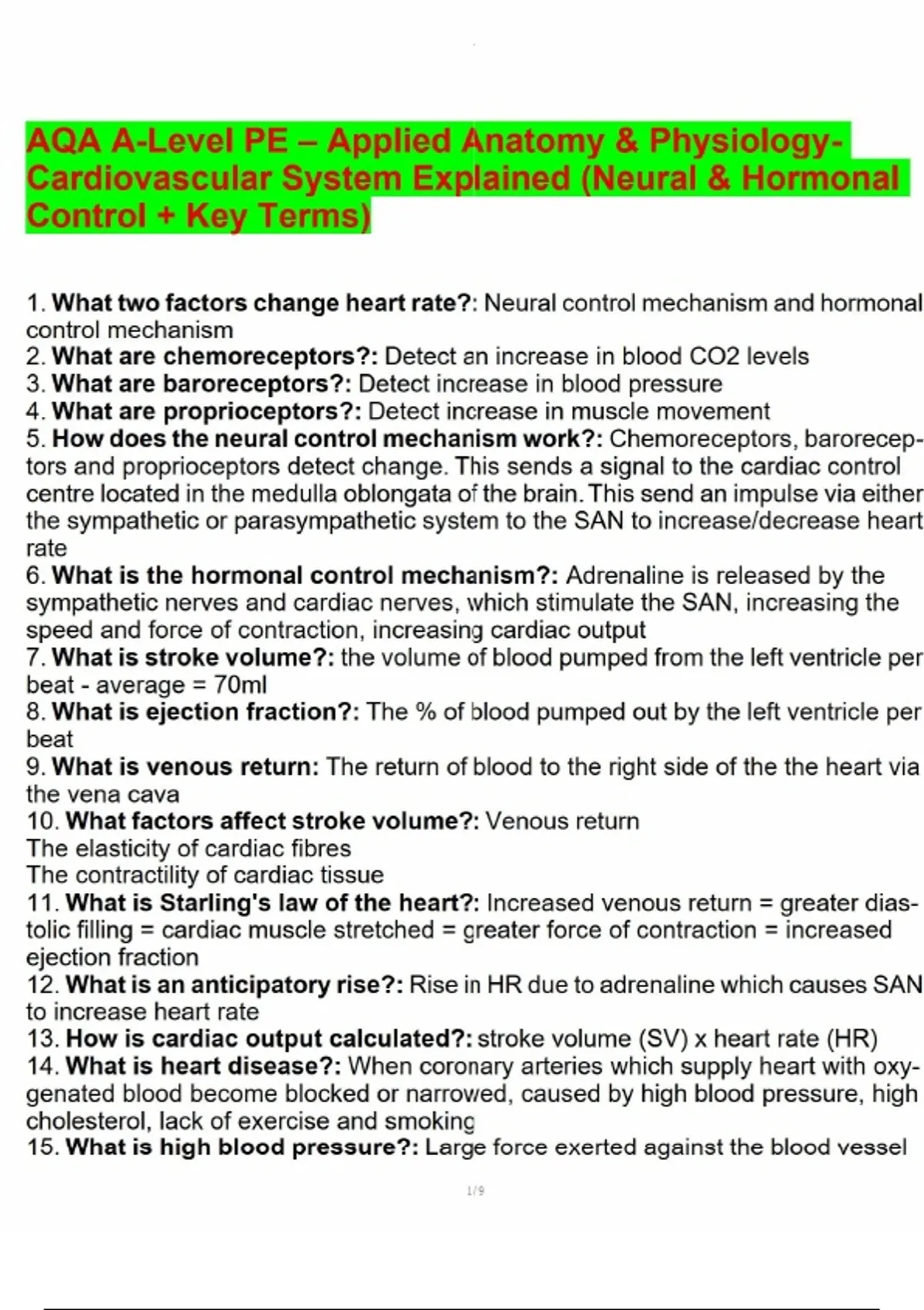 AQA A-Level PE – Applied Anatomy & Physiology- Cardiovascular System ...