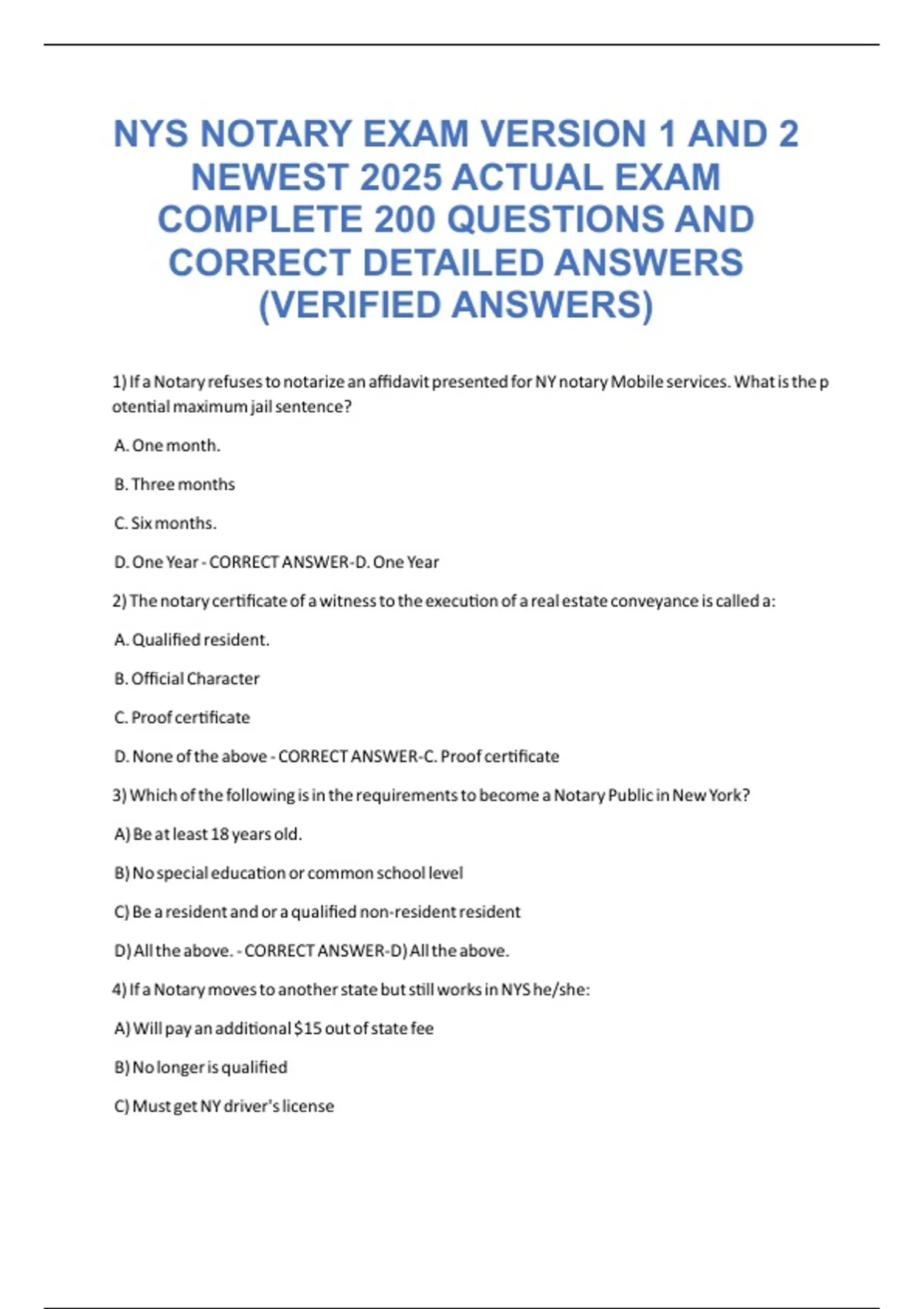 NYS NOTARY EXAM VERSION 1 AND 2 NEWEST 2025 ACTUAL EXAM COMPLETE 200 ...