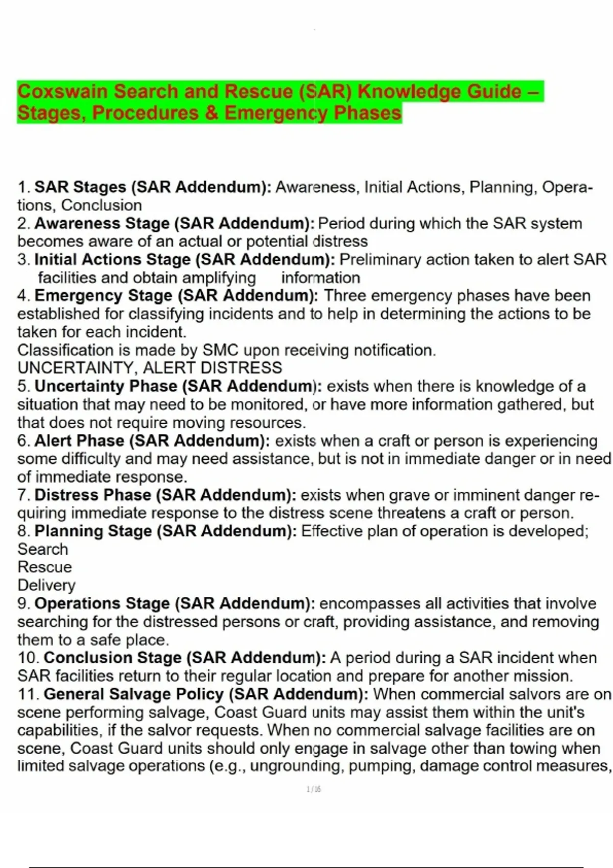 Coxswain Search and Rescue (SAR) Knowledge Guide – Stages, Procedures ...