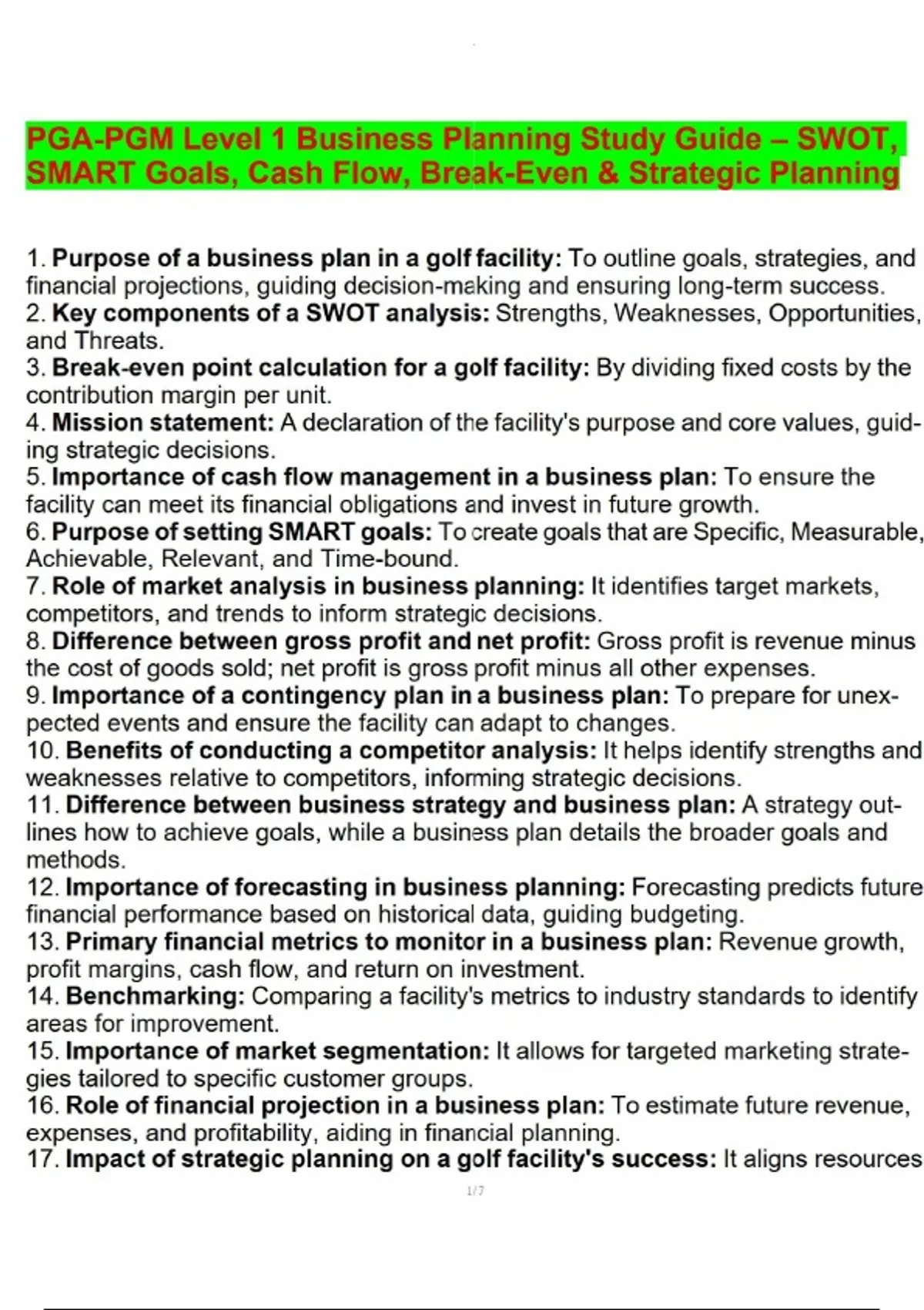 PGA-PGM Level 1 Business Planning Study Guide – SWOT, SMART Goals, Cash ...