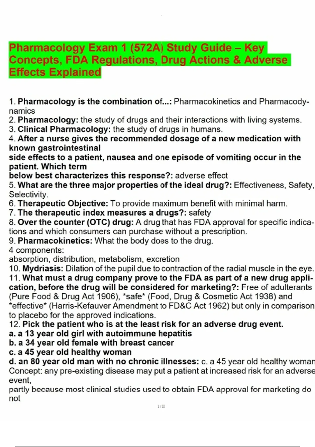 Pharmacology Exam 1 (572A) Study Guide – Key Concepts, FDA Regulations ...
