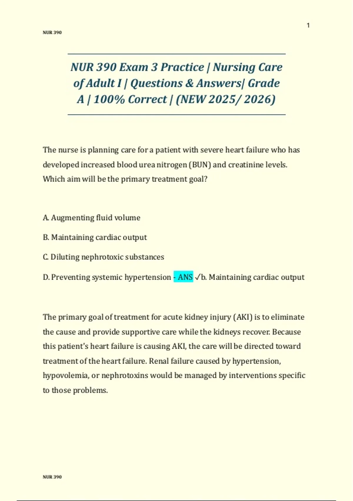 NUR 390 Exam 3 Practice | Nursing Care of Adult I | Questions & Answers ...