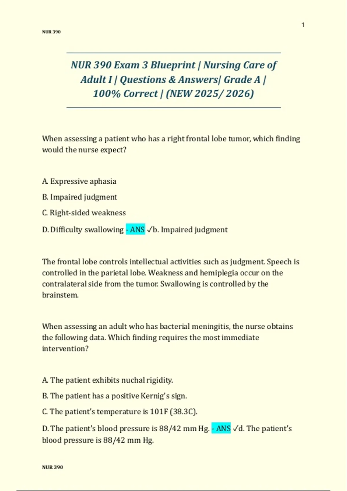 NUR 390 Exam 3 Blueprint – Nursing Care of Adult I | Verified Questions ...