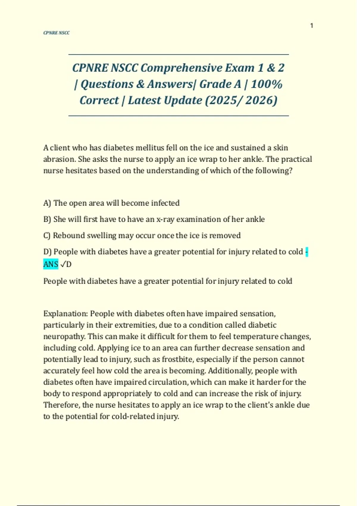 CPNRE NSCC Comprehensive Exam 1 & 2 | Questions & Answers| Grade A ...