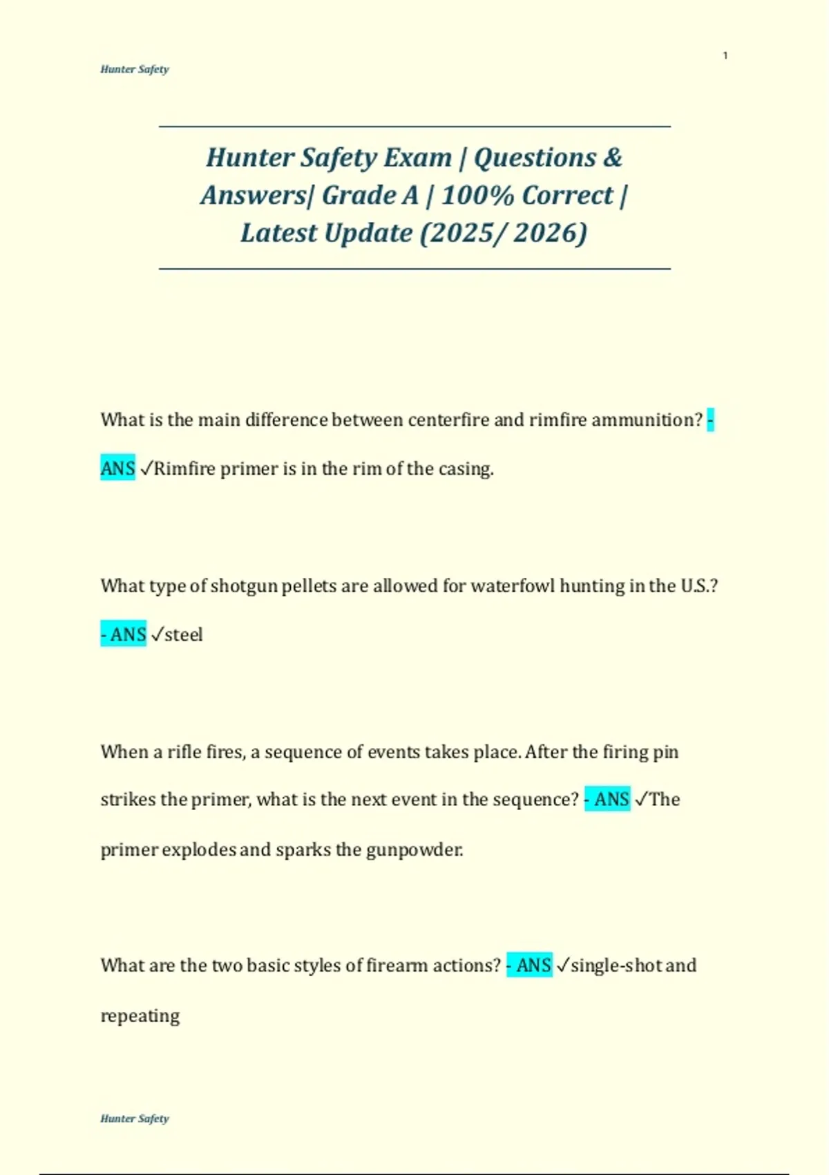 Hunter Safety Exam | Questions & Answers| Grade A | 100% Correct ...