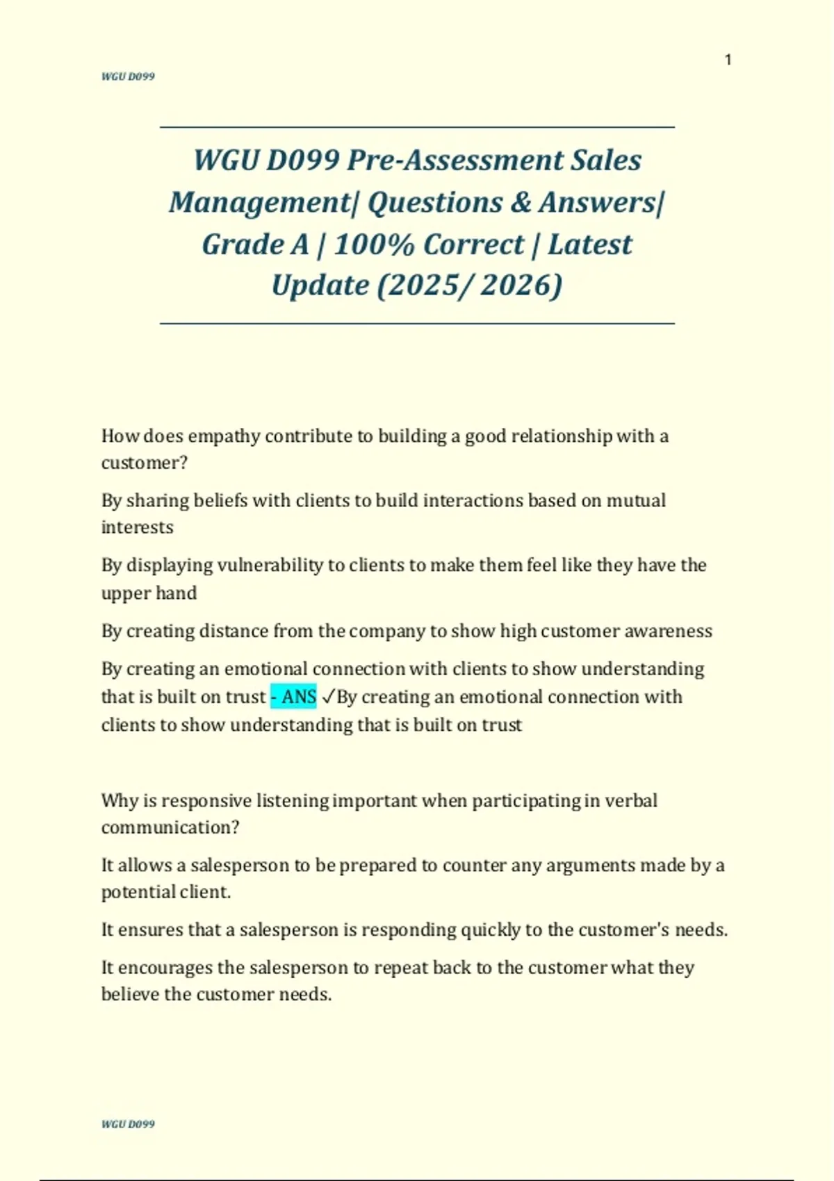 WGU D099 Pre-Assessment Sales Management| Questions & Answers| Grade A ...