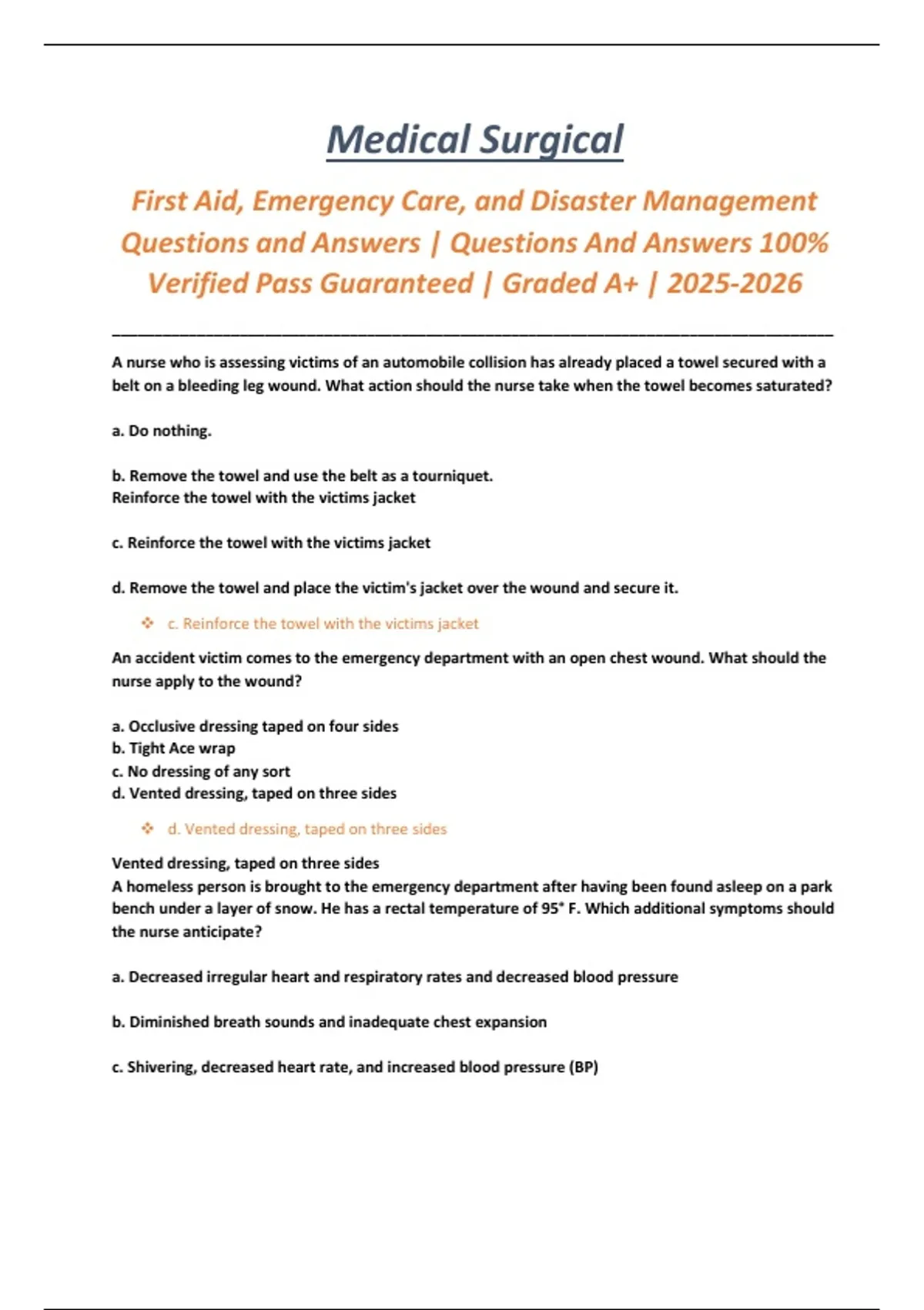 First Aid, Emergency Care, and Disaster Management Questions and ...