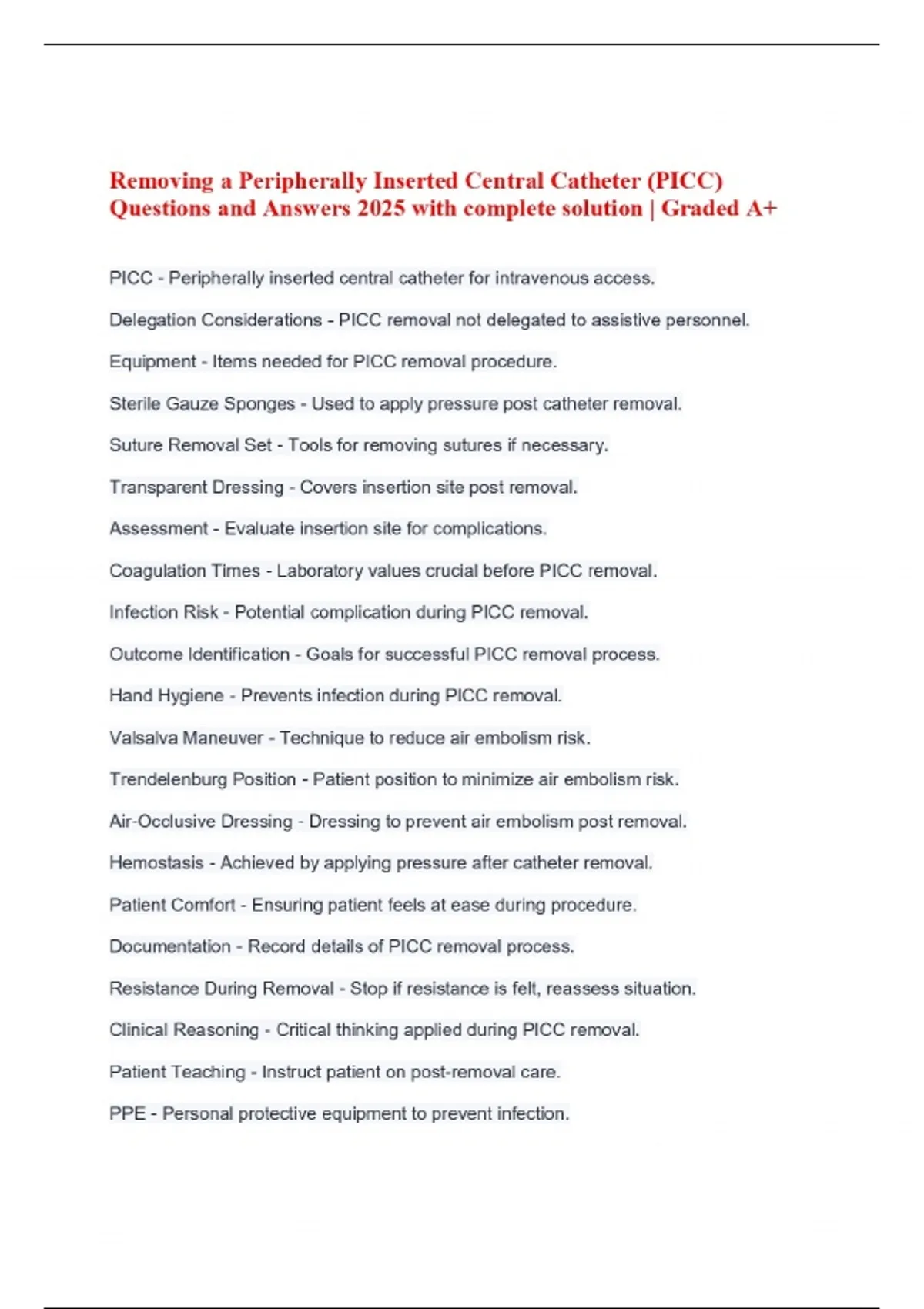 Removing a Peripherally Inserted Central Catheter (PICC) Questions and Answers 2025 with ...
