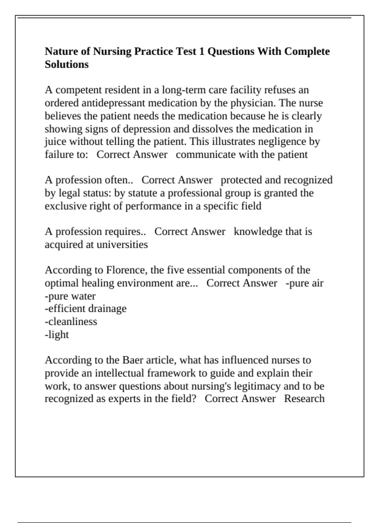 Nature of Nursing Practice Test 1 Questions With Complete Solutions ...