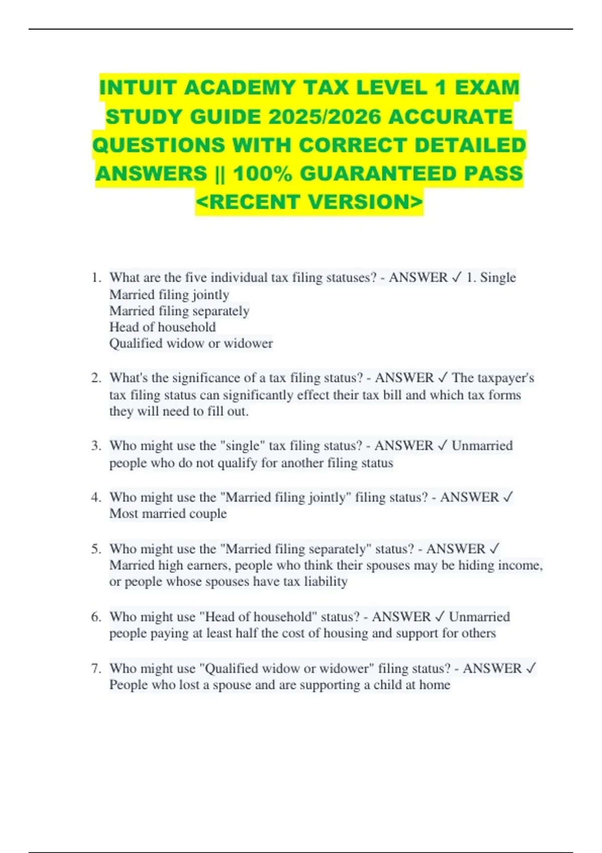 INTUIT ACADEMY TAX LEVEL 1 EXAM STUDY GUIDE 2025/2026 ACCURATE ...
