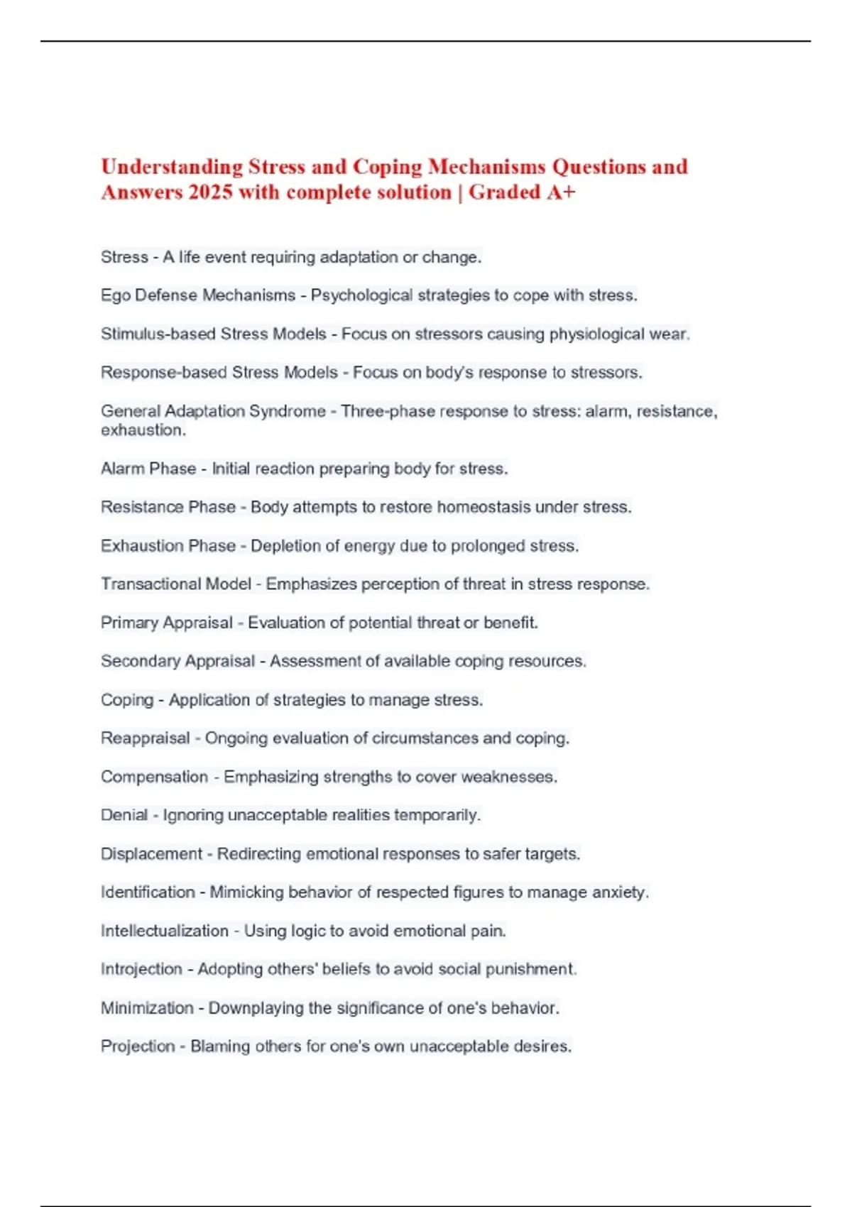 Understanding Stress and Coping Mechanisms Questions and Answers 2025 ...