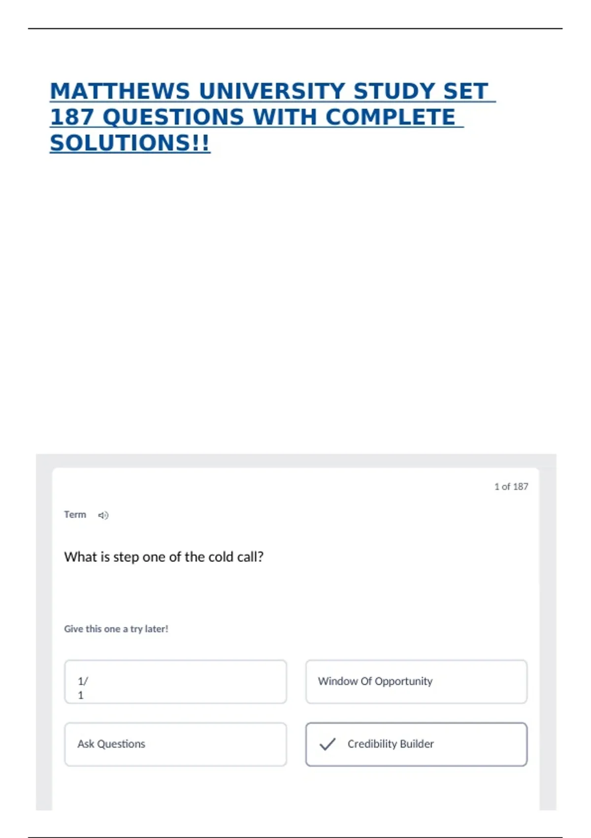 MATTHEWS UNIVERSITY STUDY SET 187 QUESTIONS WITH COMPLETE SOLUTIONS ...