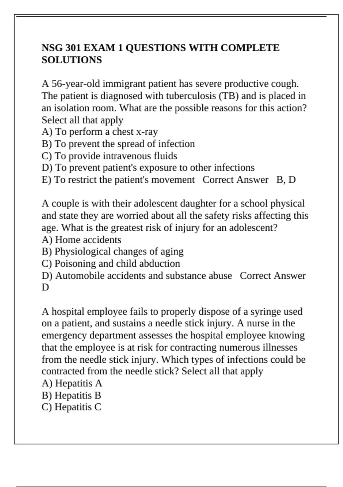 NSG 301 EXAM 1 QUESTIONS WITH COMPLETE SOLUTIONS - NSG 301 - Stuvia US