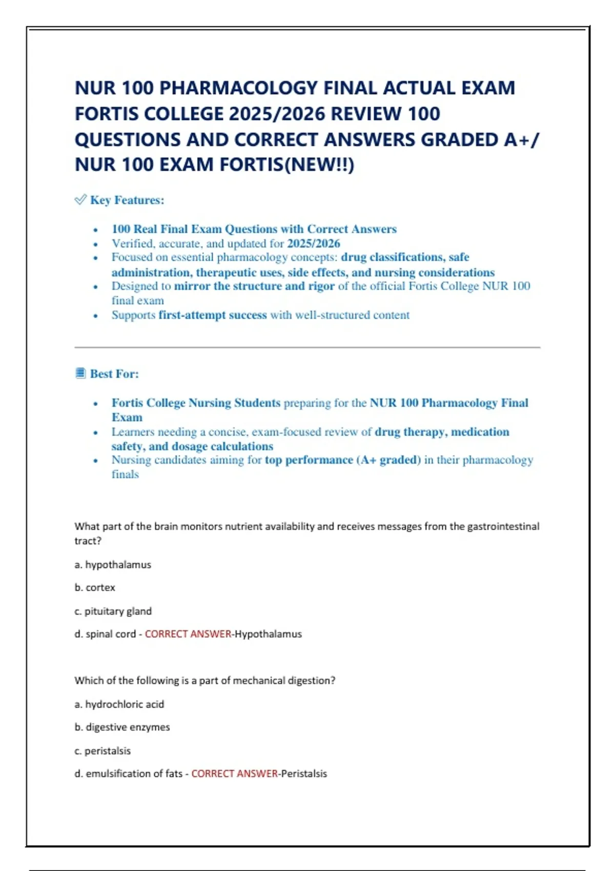 NUR 100 PHARMACOLOGY FINAL ACTUAL EXAM FORTIS COLLEGE 2025/2026 REVIEW ...