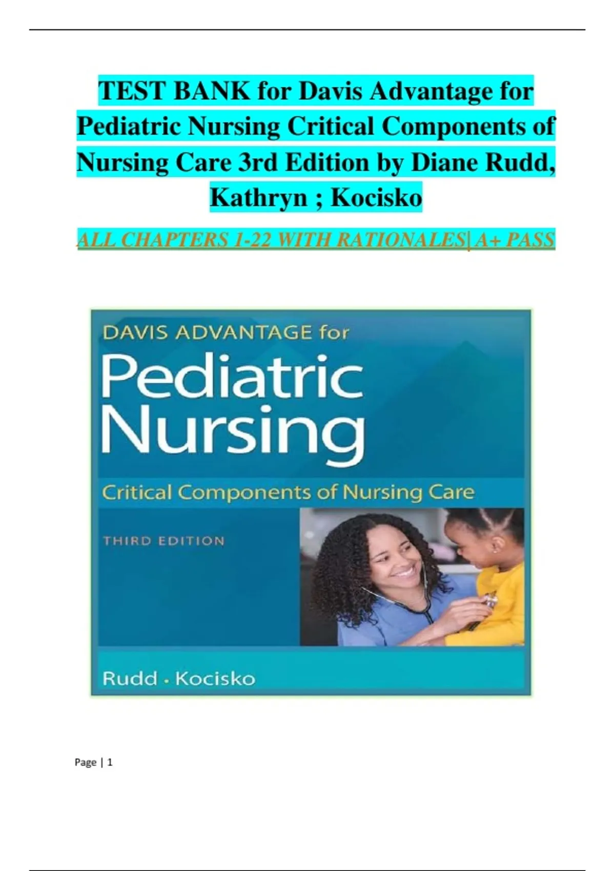 TEST BANK FOR DAVIS ADVANTAGE FOR PEDIATRIC NURSING: CRITICAL ...