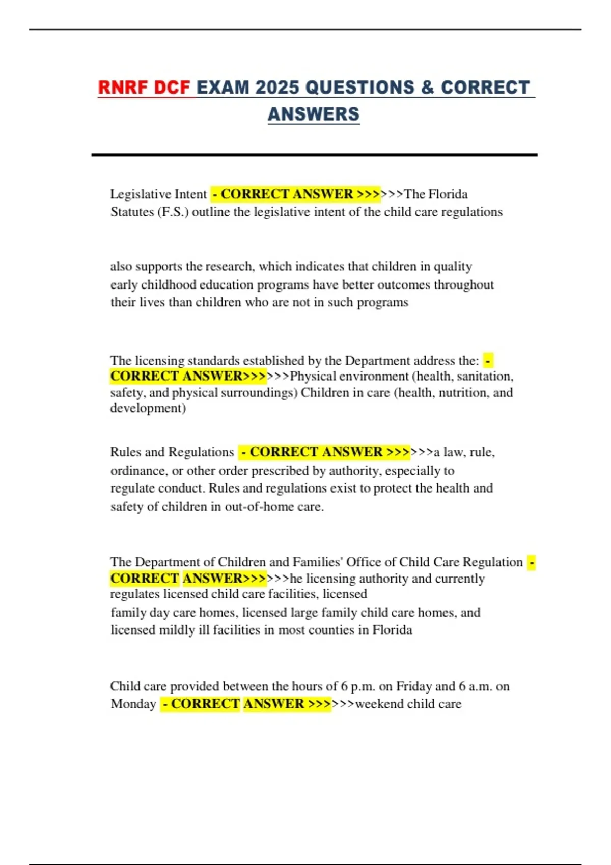RNRF DCF Exam 2025 – Questions and Correct Answers for Florida Child ...