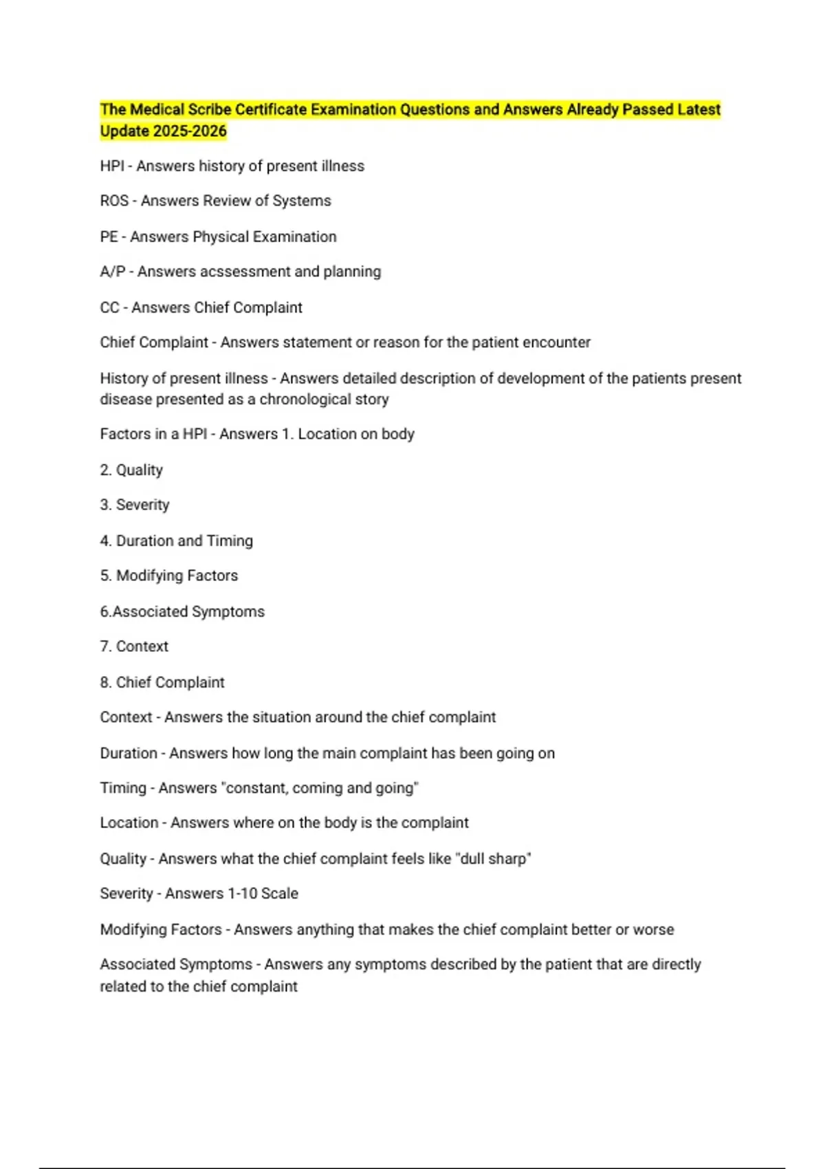 The Medical Scribe Certificate Examination Questions and Answers ...