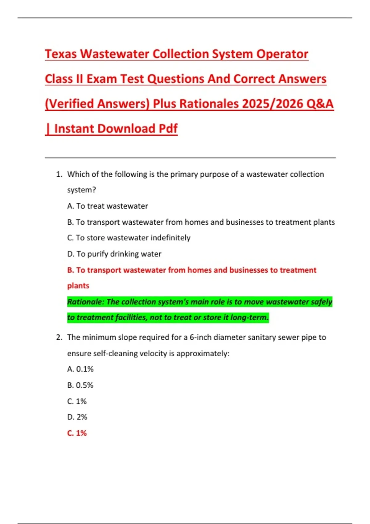 Texas Wastewater Collection System Operator Class II Exam Test ...