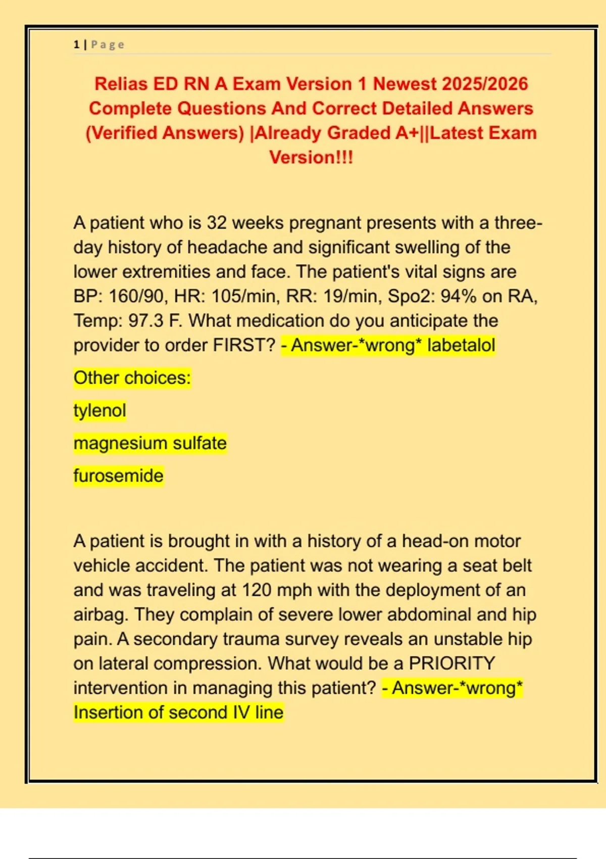 Relias ED RN A Exam Version 1 Newest 2025/2026 Complete Questions And ...