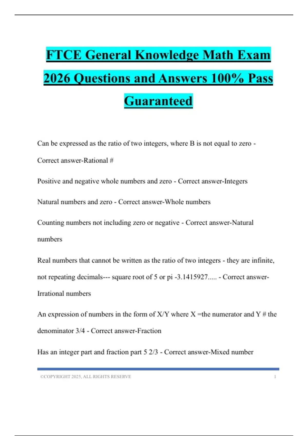 FTCE General Knowledge Math Exam 2026 Questions and Answers 100% Pass ...