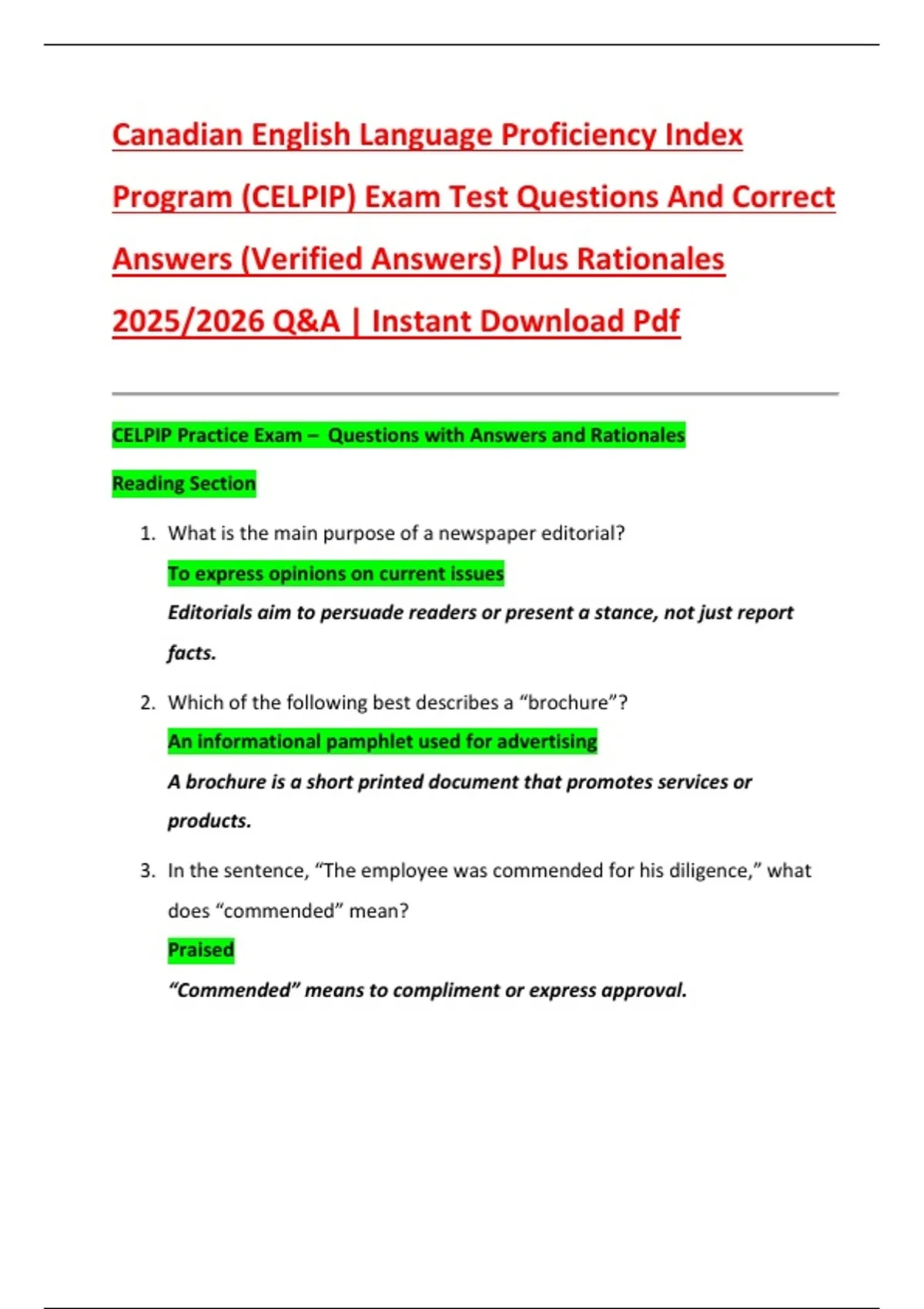 Canadian English Language Proficiency Index Program (CELPIP) Exam Test ...