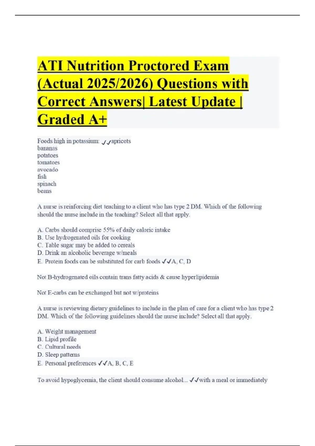 ATI Nutrition Proctored Exam (Actual 2025/2026) Questions with Correct ...