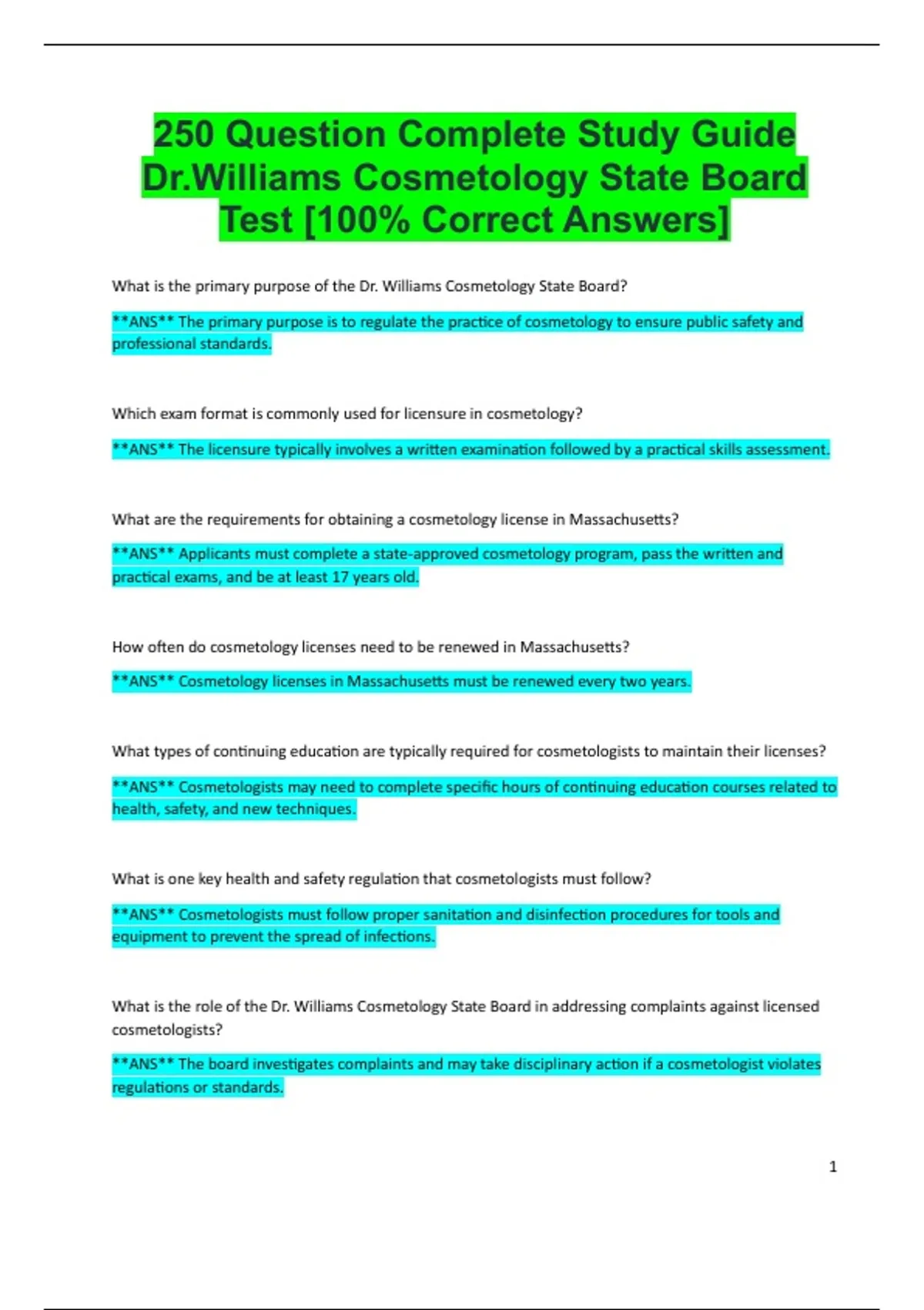 250 Question Complete Study Guide Dr.Williams Cosmetology State Board ...