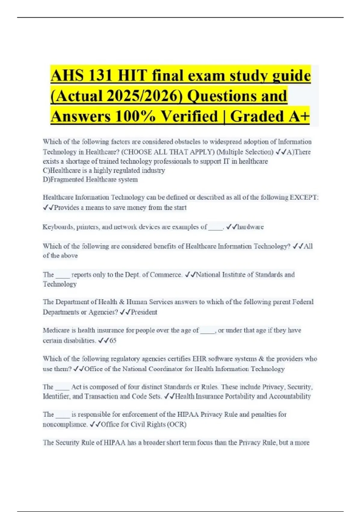 AHS 131 HIT final exam study guide (Actual 2025/2026) Questions and ...