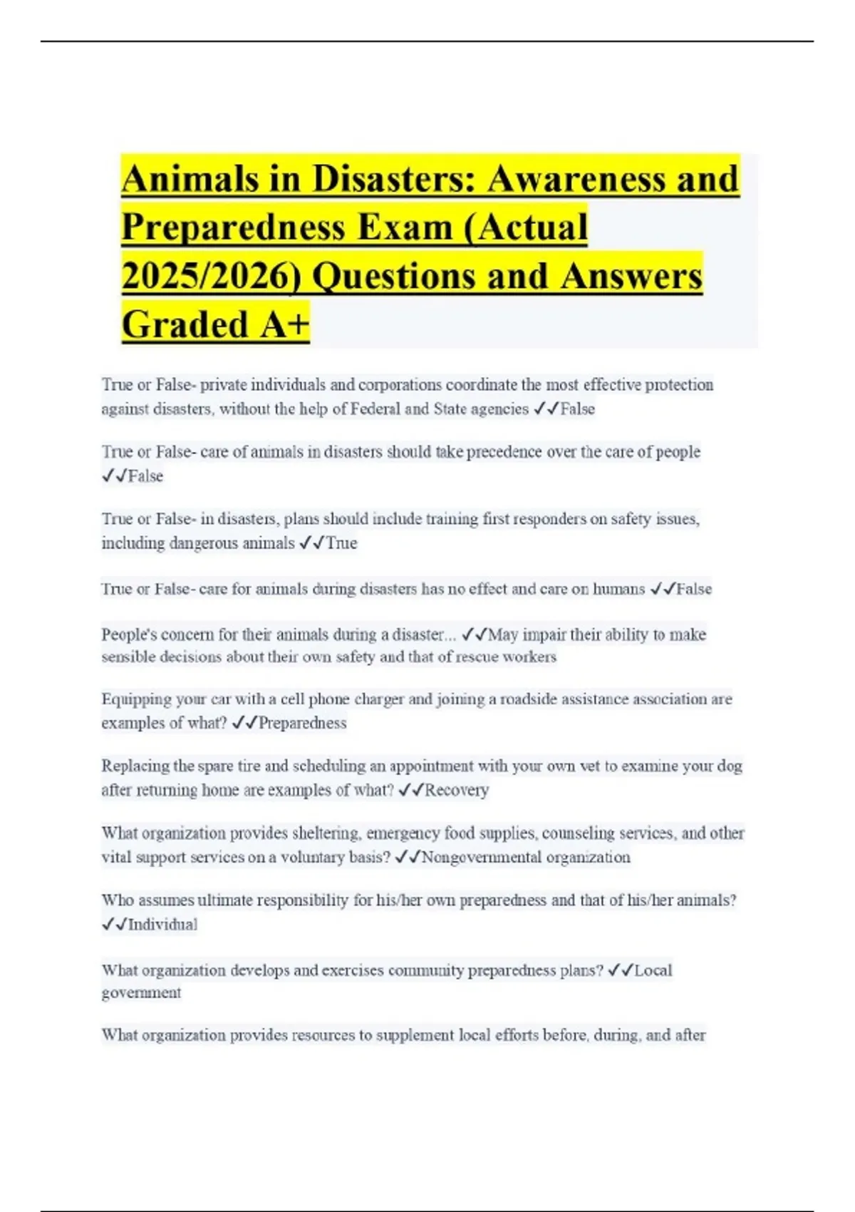 Animals in Disasters: Awareness and Preparedness Exam (Actual 2025/2026 ...