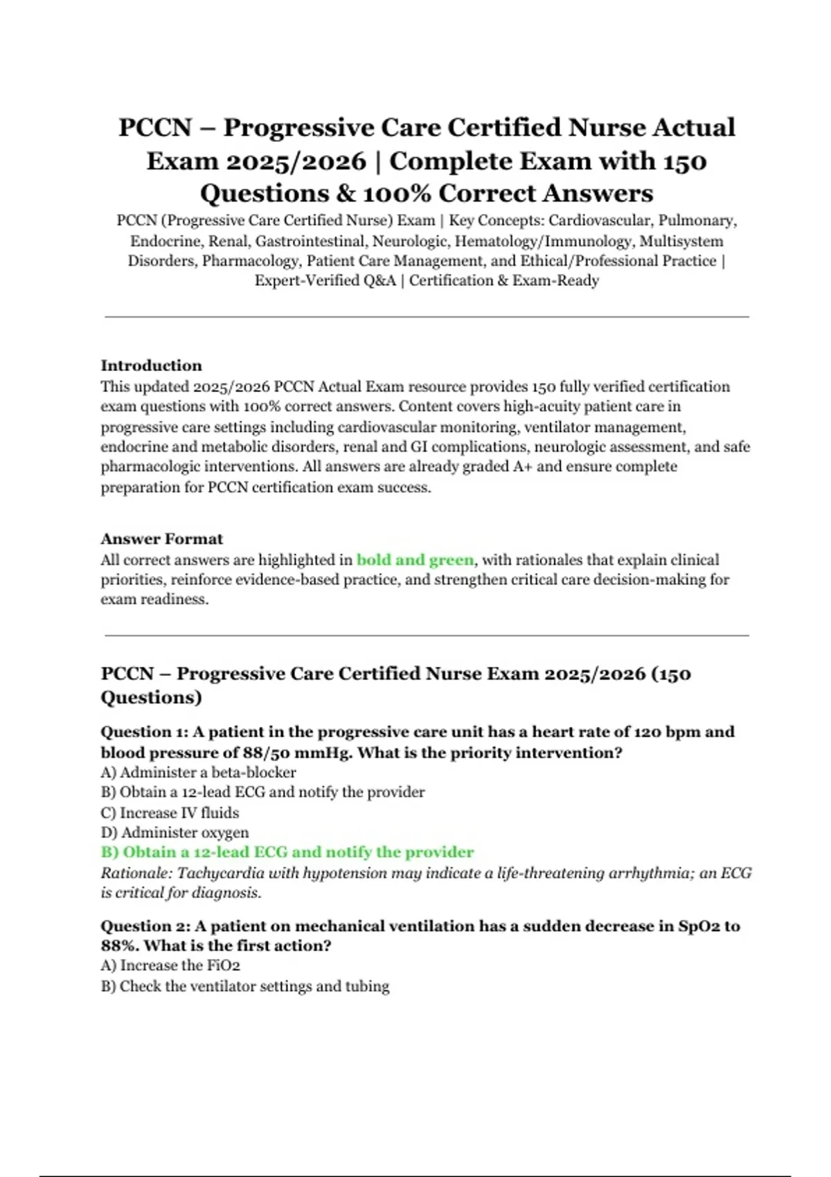 PCCN – Progressive Care Certified Nurse Exam 2025/2026 | Complete ...