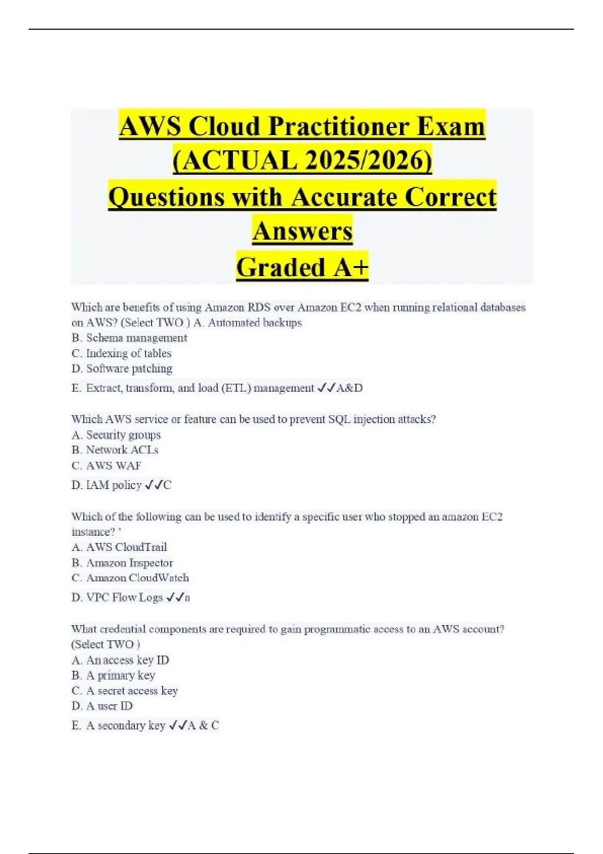 AWS Cloud Practitioner Exam (ACTUAL 2025/2026) Questions with Accurate ...