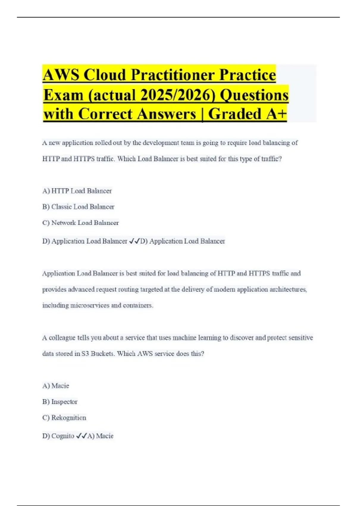 AWS Cloud Practitioner Practice Exam (actual 2025/2026) Questions with ...