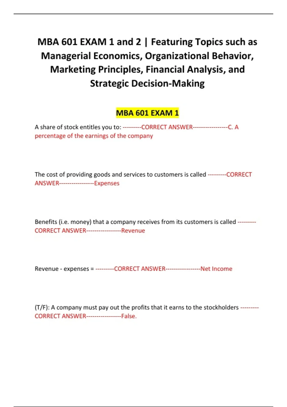 MBA 601 EXAM 1 and 2 | Featuring Topics such as Managerial Economics ...