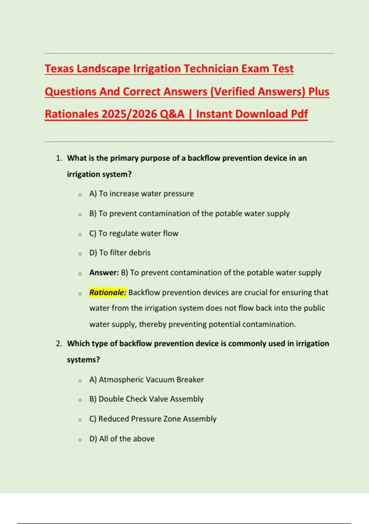 Texas Landscape Irrigation Technician Exam Test Questions And Correct ...