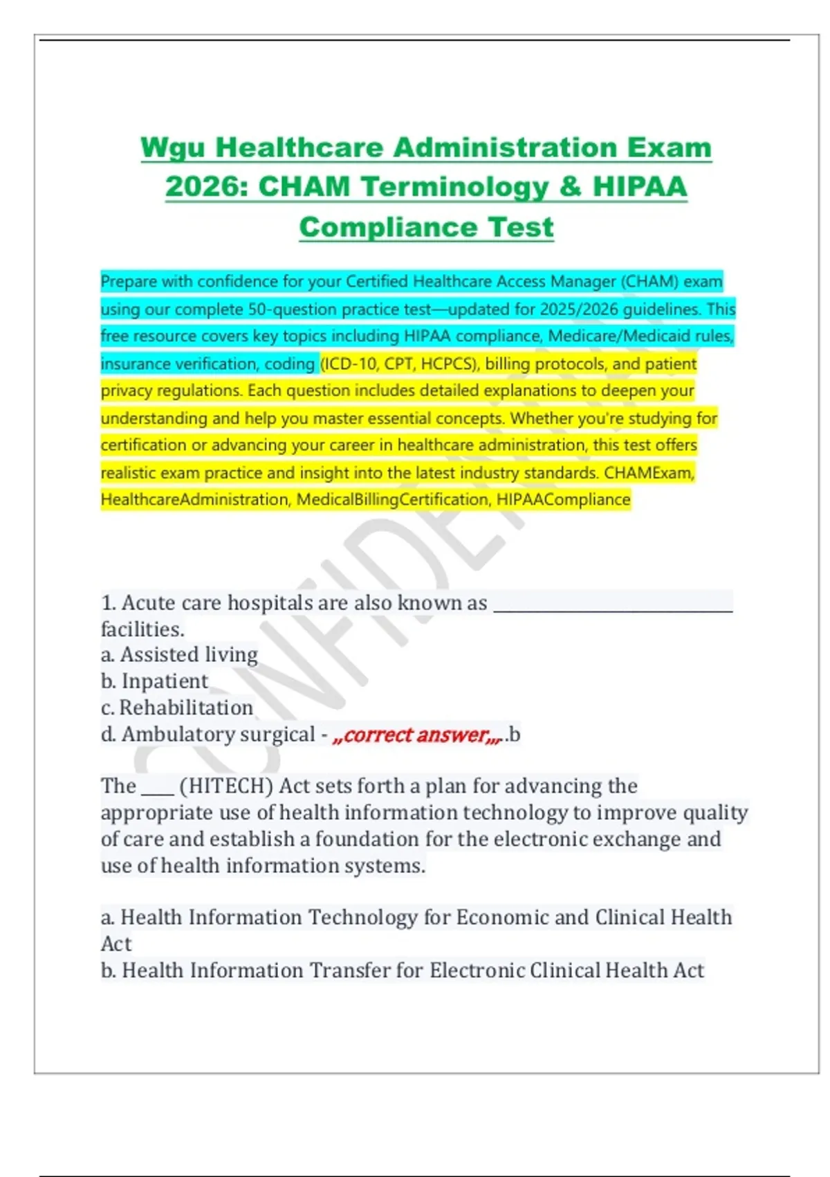 Wgu Healthcare Administration Exam 2026: CHAM Terminology & HIPAA ...