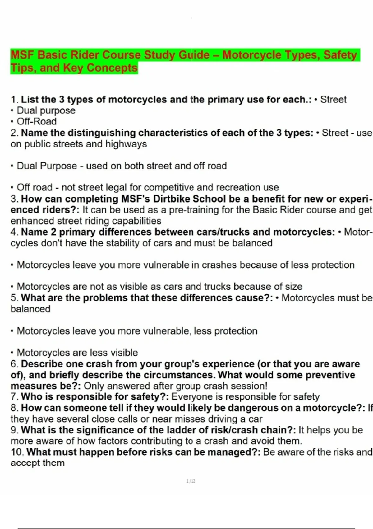 MSF Basic Rider Course Study Guide – Motorcycle Types, Safety Tips, and ...