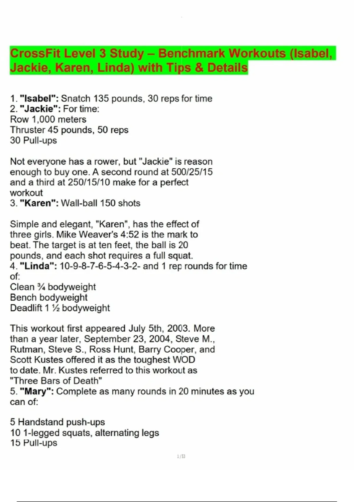 CrossFit Level 3 Study – Benchmark Workouts (Isabel, Jackie, Karen ...