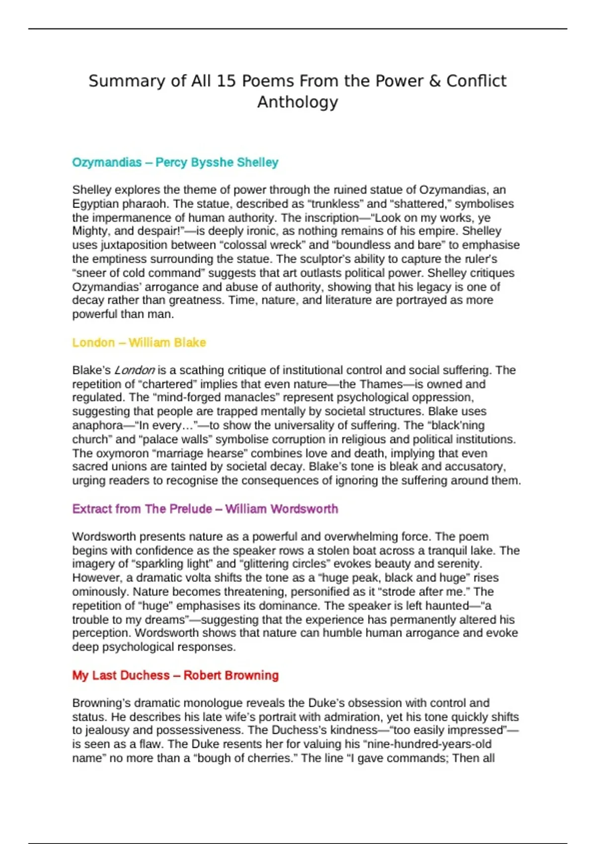 AQA GCSE English Lit: Power & Conflict - Summary of All 15 Poems with ...