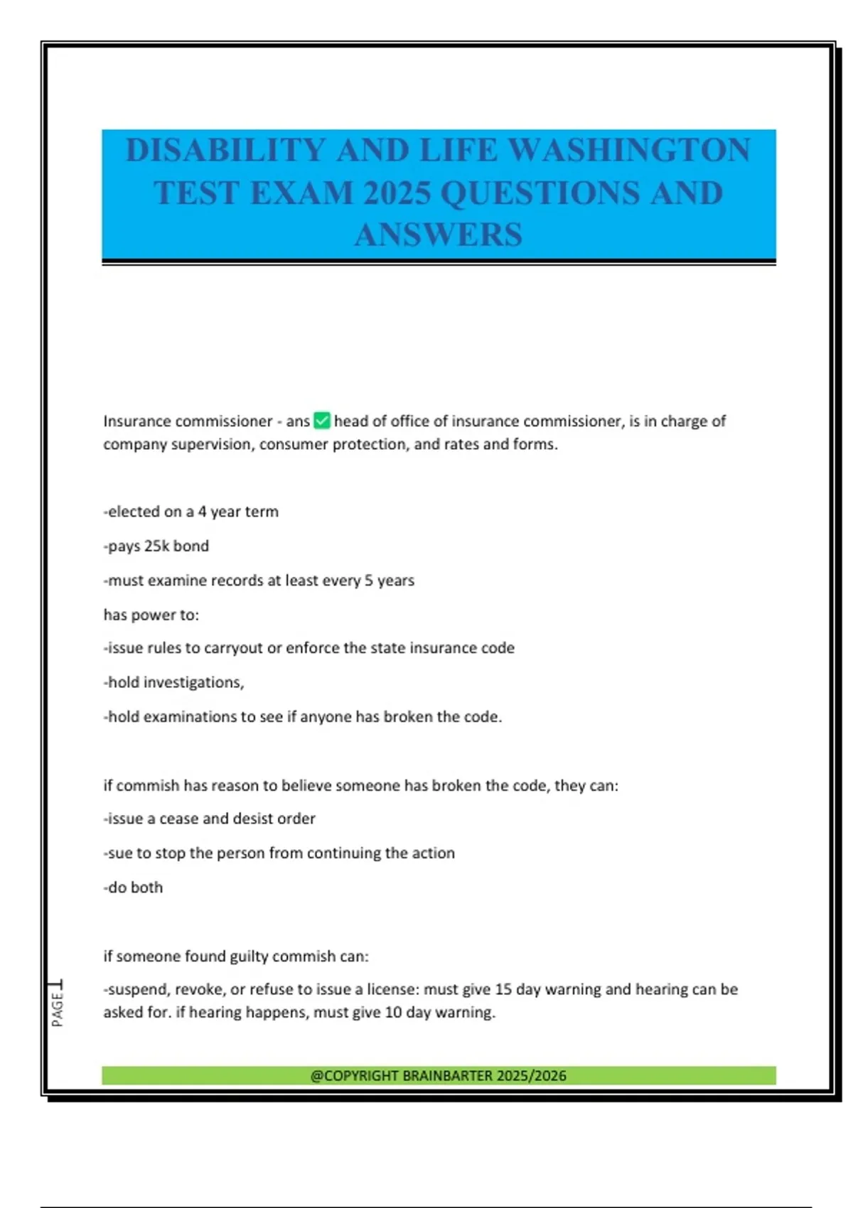DISABILITY AND LIFE WASHINGTON TEST EXAM 2025 QUESTIONS AND ANSWERS ...