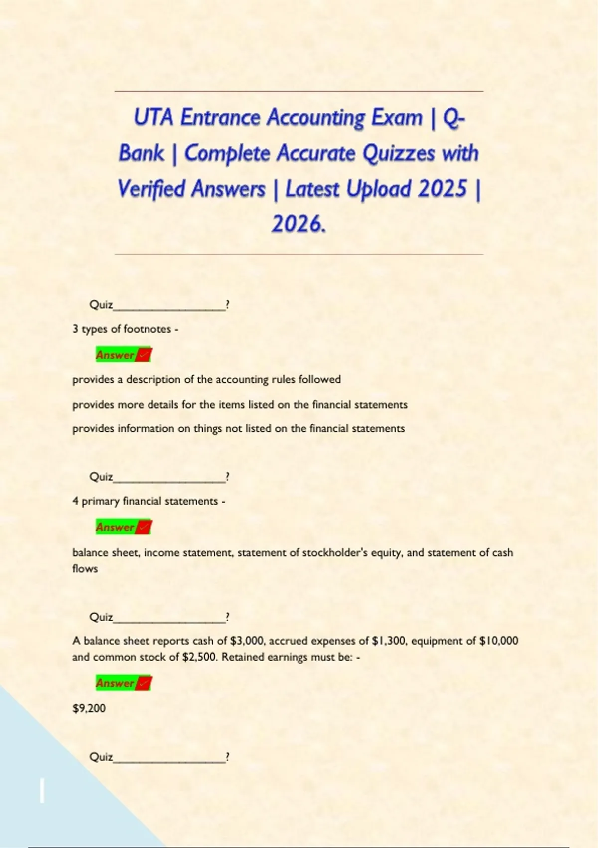 UTA Entrance Accounting Exam | Q-Bank | Complete Accurate Quizzes with ...