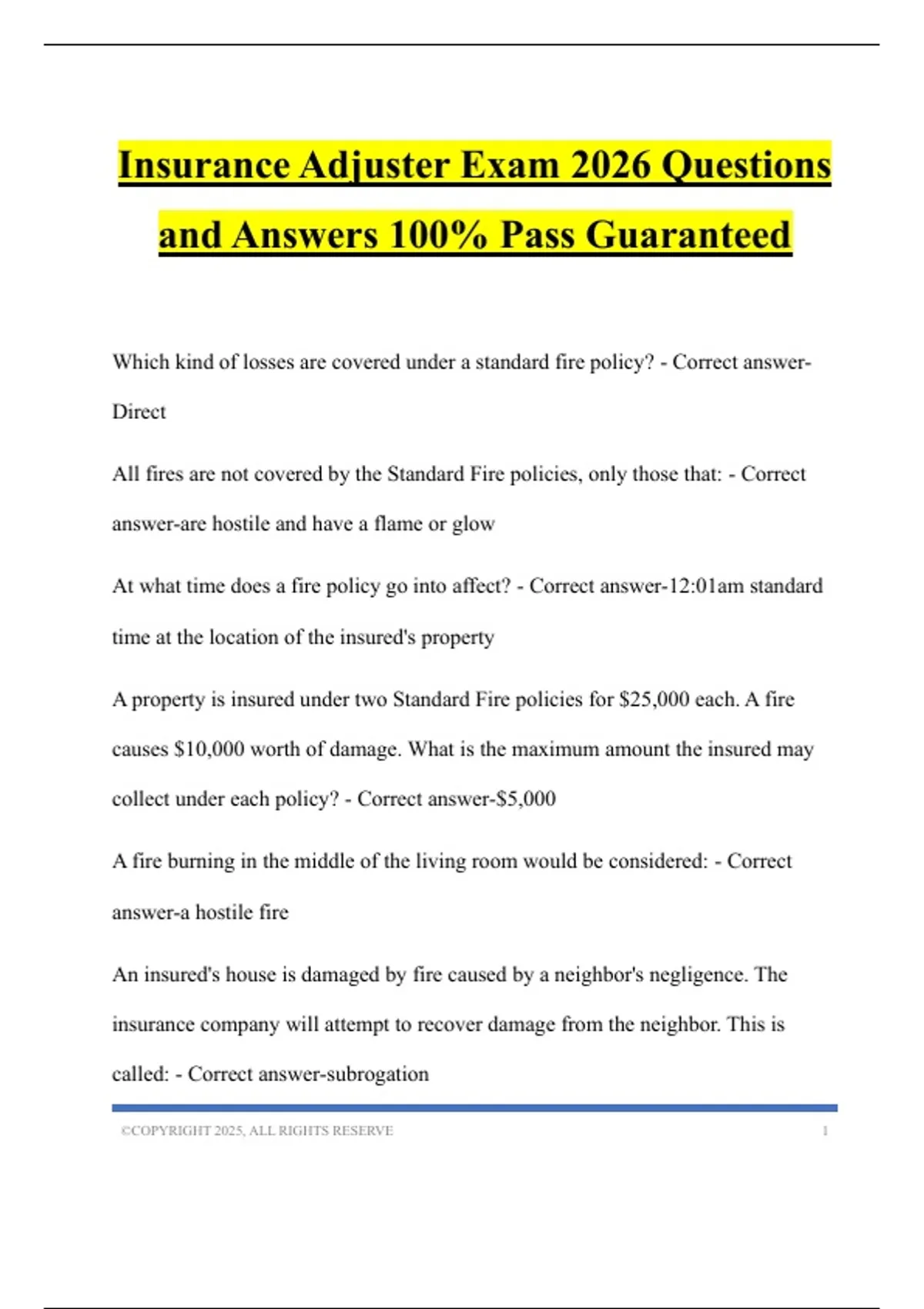 Insurance Adjuster Exam 2026 Questions and Answers 100% Pass Guaranteed ...
