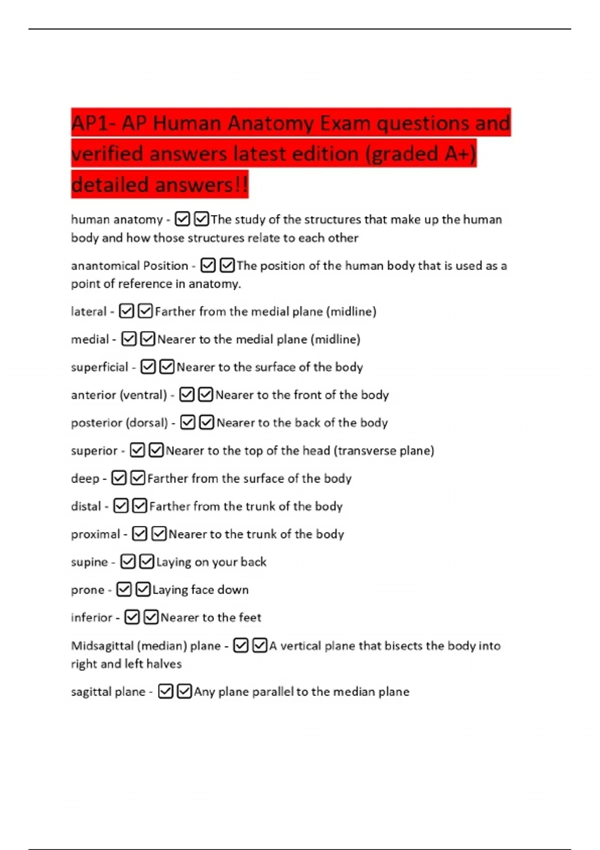 AP1- AP Human Anatomy Exam questions and verified answers latest ...