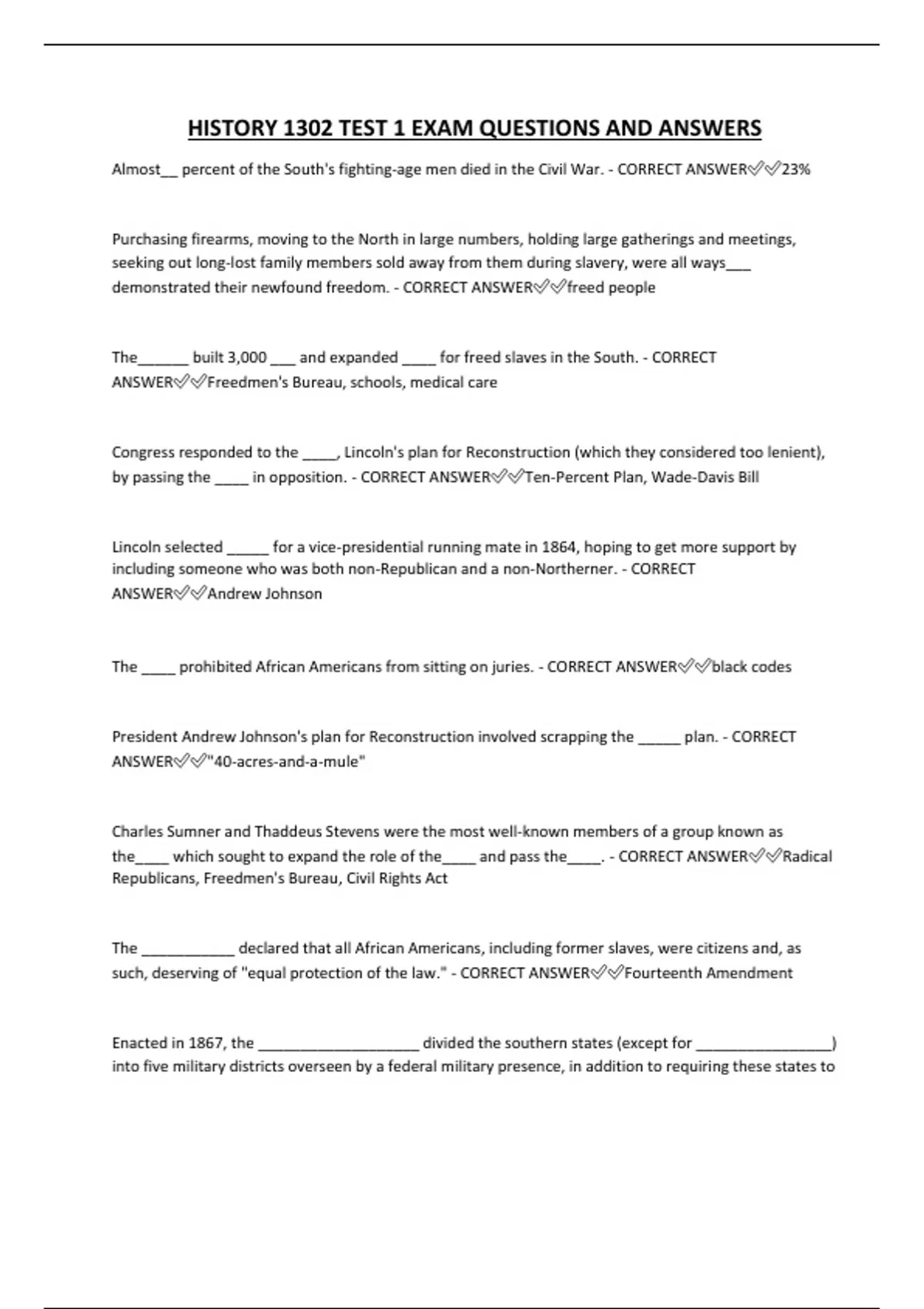 HISTORY 1302 TEST 1 EXAM QUESTIONS AND ANSWERS - HISTORY 1302 - Stuvia US