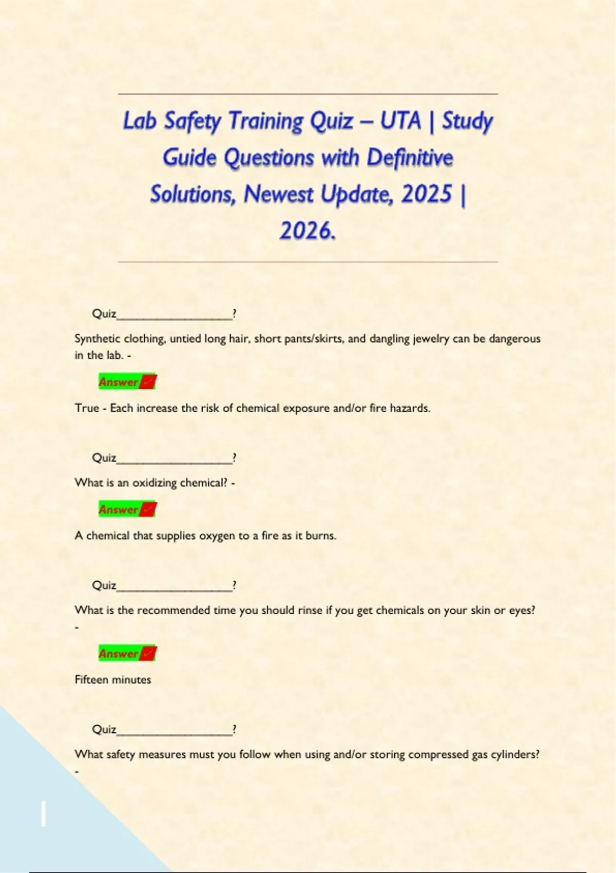 Lab Safety Training Quiz – UTA | Study Guide Questions with Definitive ...