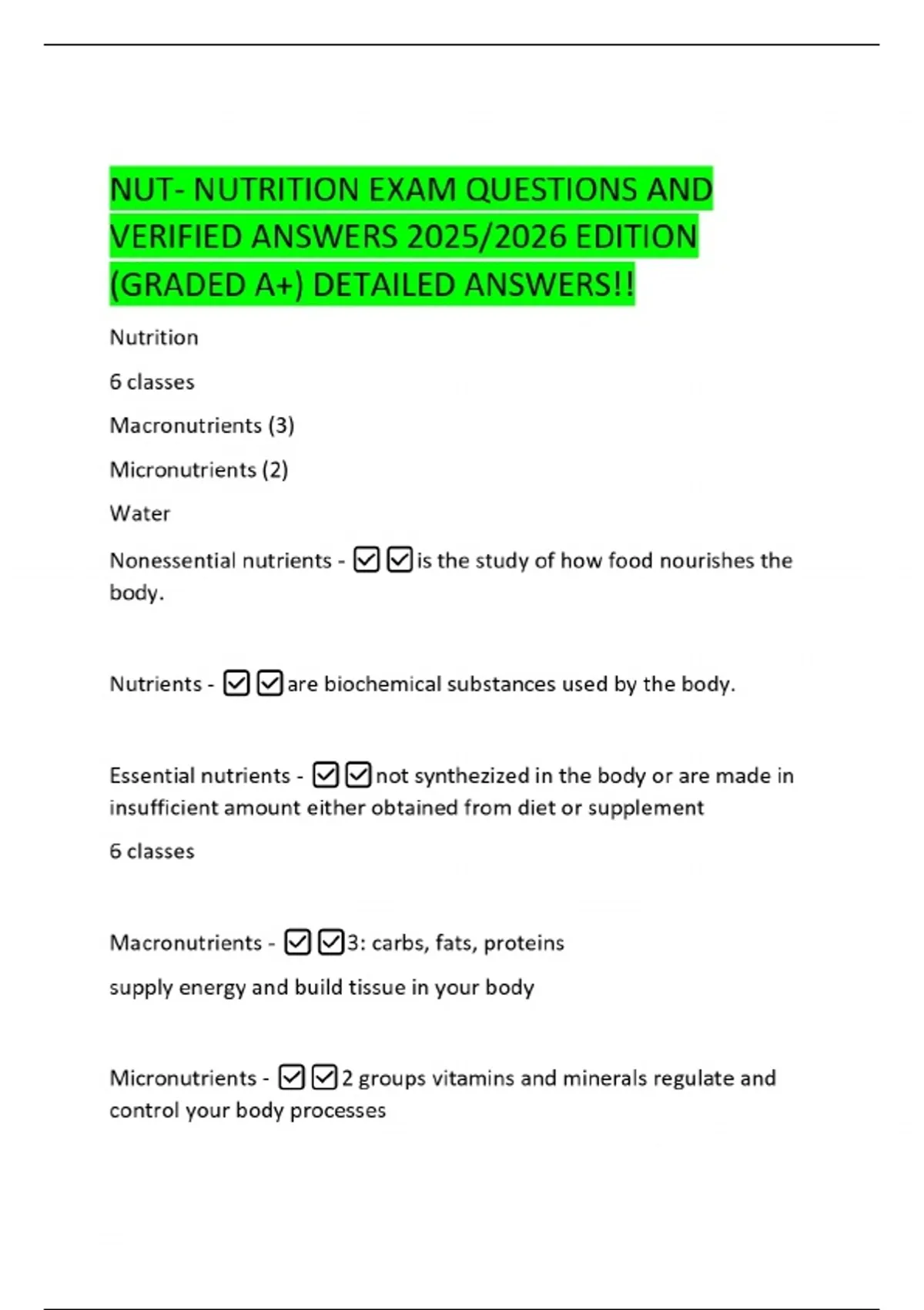 NUT- NUTRITION EXAM QUESTIONS AND VERIFIED ANSWERS 2025/2026 EDITION ...