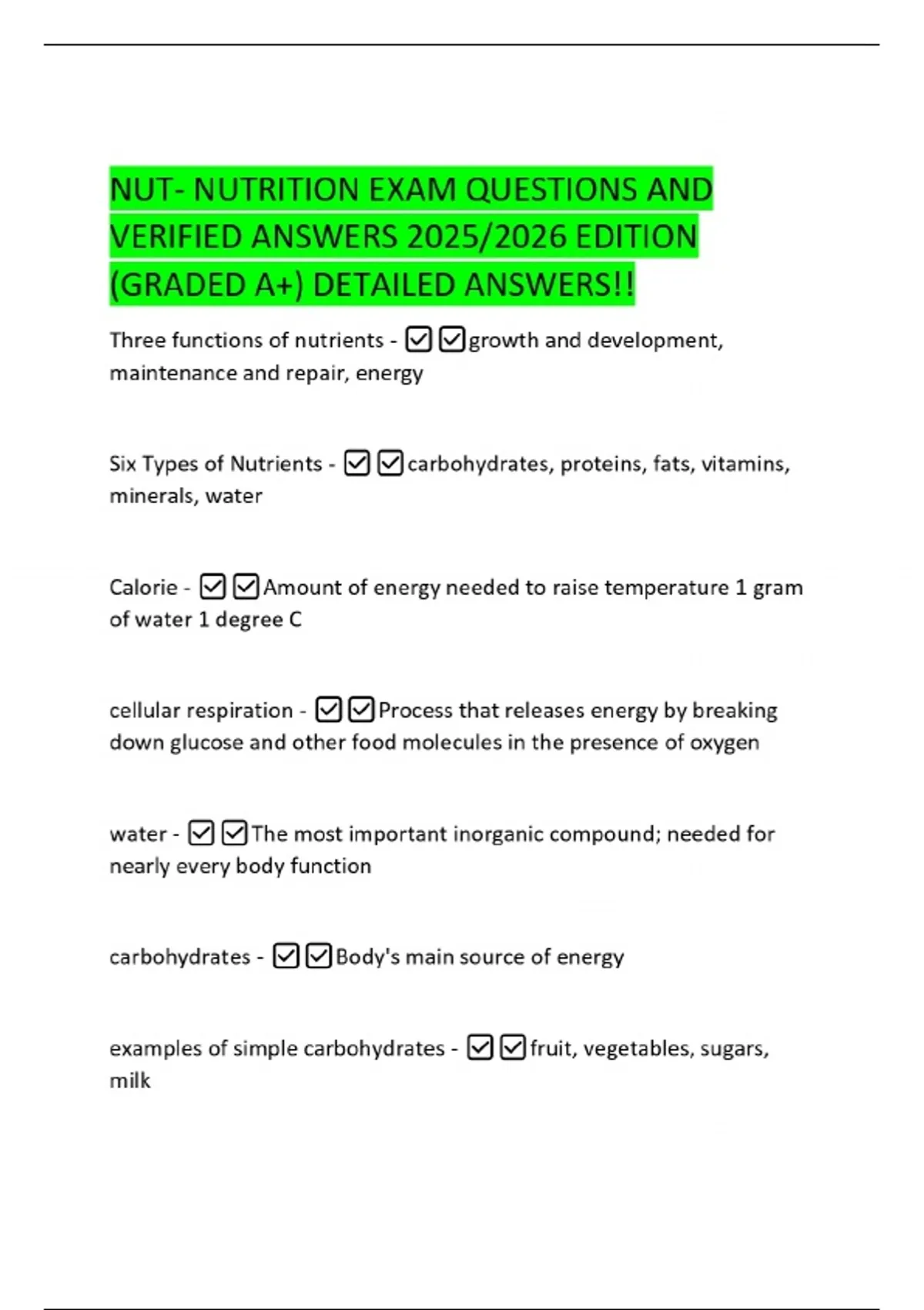 NUT- NUTRITION EXAM QUESTIONS AND VERIFIED ANSWERS 2025/2026 EDITION ...