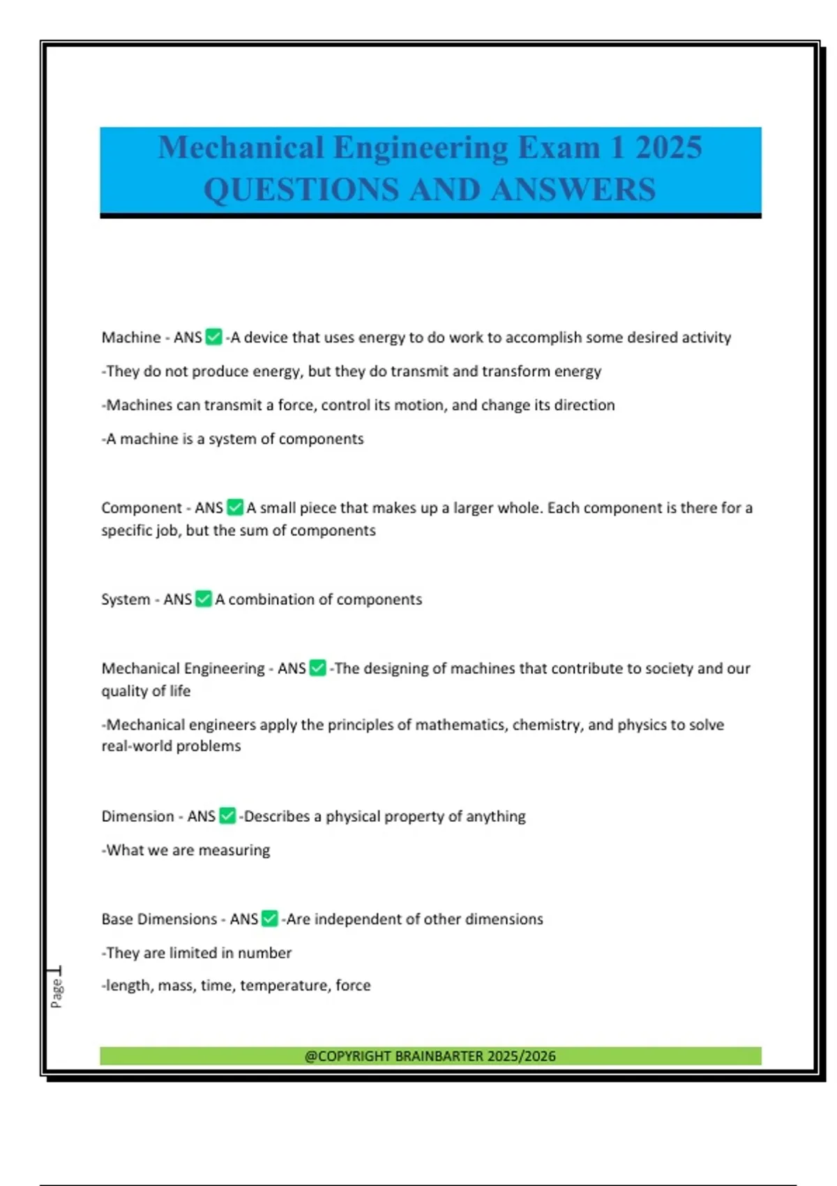 Mechanical Engineering Exam 1 2025 QUESTIONS AND ANSWERS - Mechanical ...